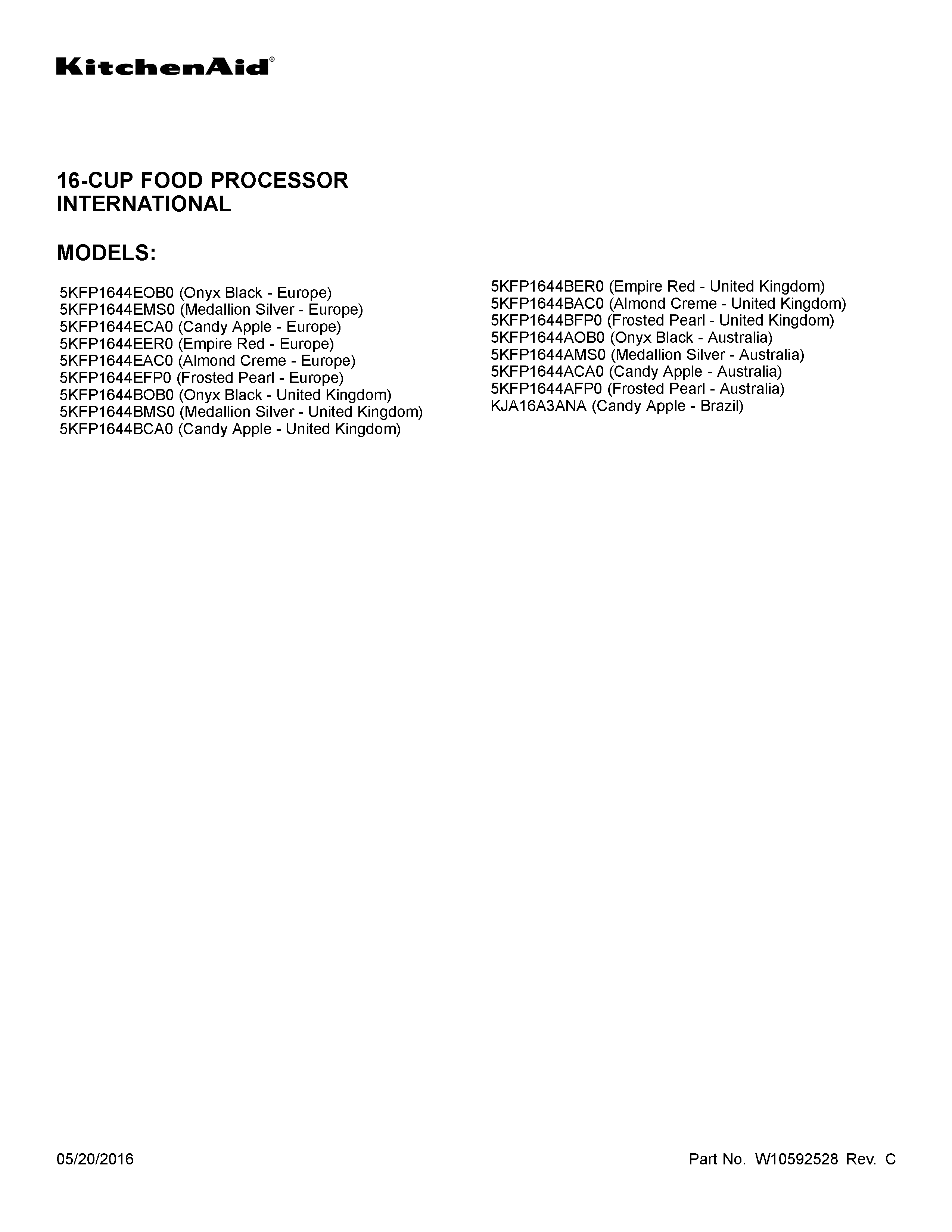 Official KitchenAid 5KFP1644BER0 food processor parts | Sears PartsDirect