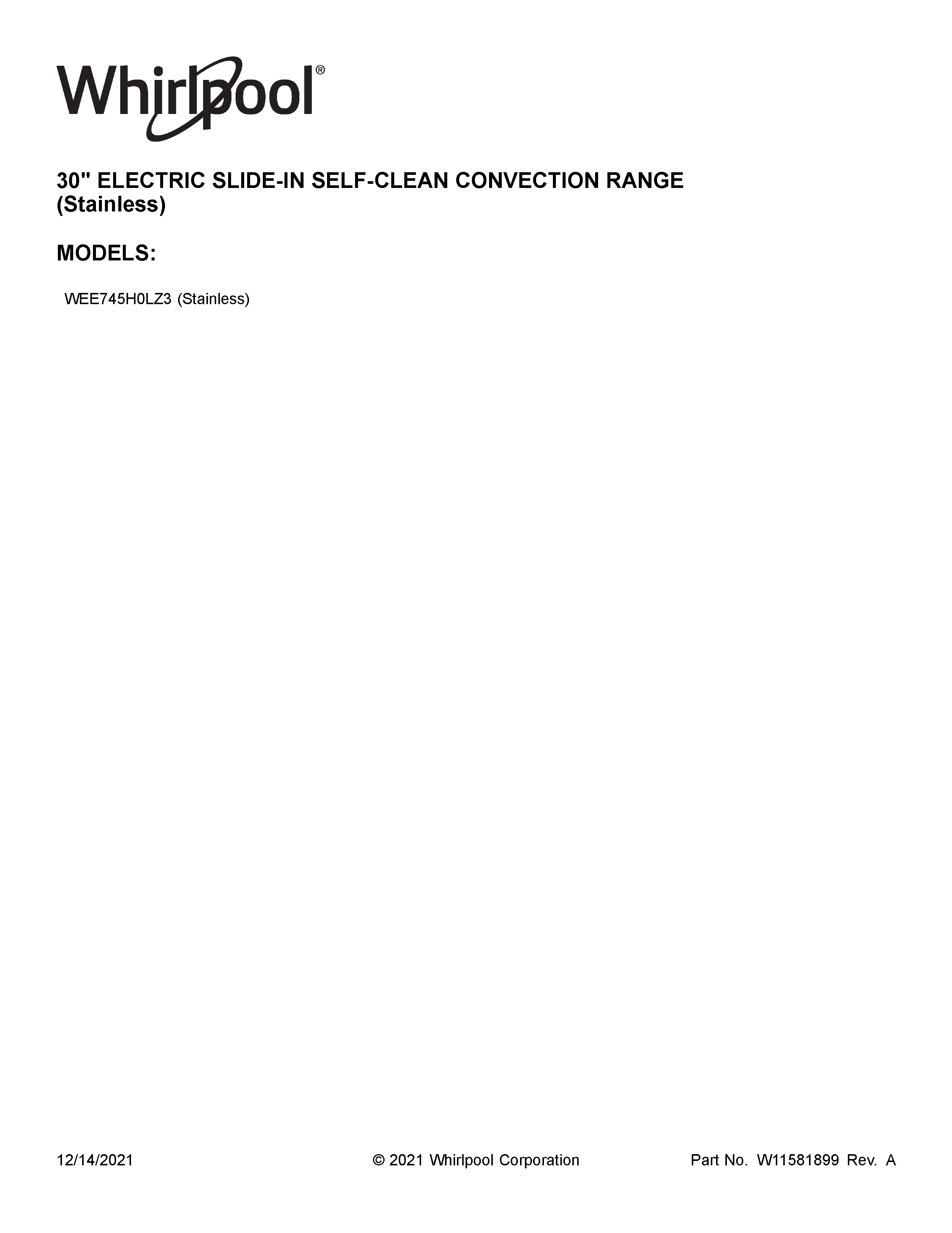 Official Whirlpool WEE745H0LZ3 electric range parts | Sears PartsDirect